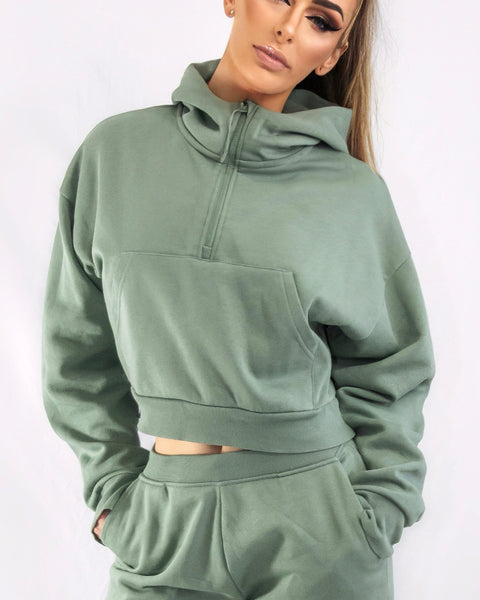 Cocoburry Cropped Half-Zip Hoodie Dusty Green | Cocoburry Official Store